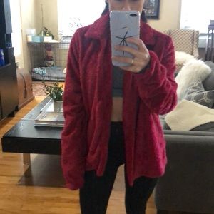 SHEIN | Jackets & Coats | Red Collared Fuzzy Coat With Inside Black ...